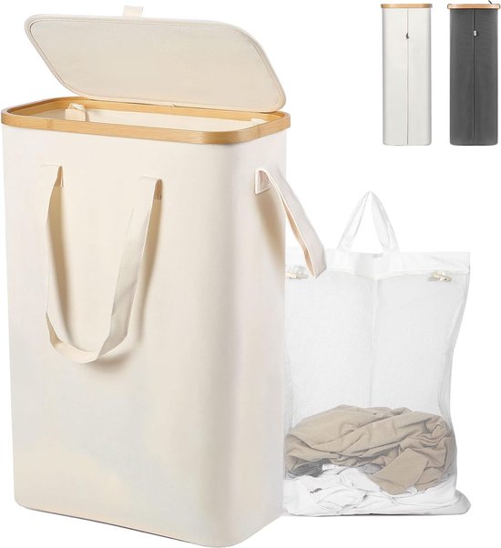 Smalle wasmand met deksel, 52 L wasmand slank met waszak, opvouwbare bamboe wasmand... | bol