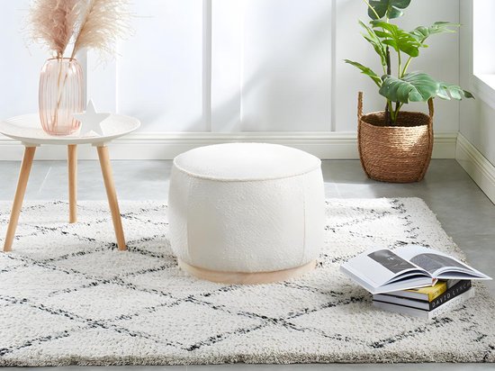 Poef van bouclé stof met voet in lichtkleurig hout - MILODEN L 50 cm x ...