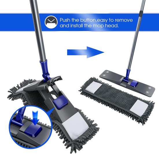 Platte Dweil, Vloerdweil met 4 Dweildoeken, 128 cm Chenille Microvezel ...