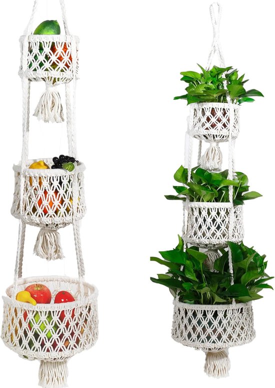 Fruitmand, hangend, 3 etages, fruithangmand, macramé hangmand voor het bewaren van... | bol