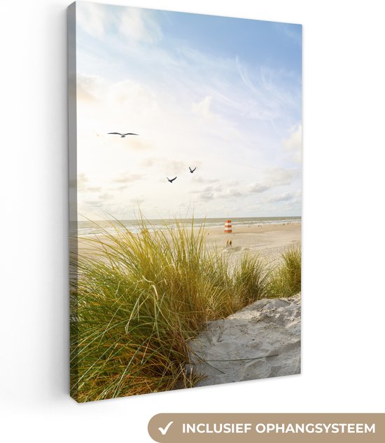 Canvas schilderij - Duin - Zon - Vogel - Strand - Zand - 60x90 cm ...