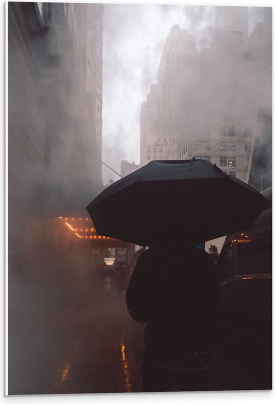 PVC Schuimplaat - Stad - Persoon - Gebouwen - Bus - Rook - Paraplu ...