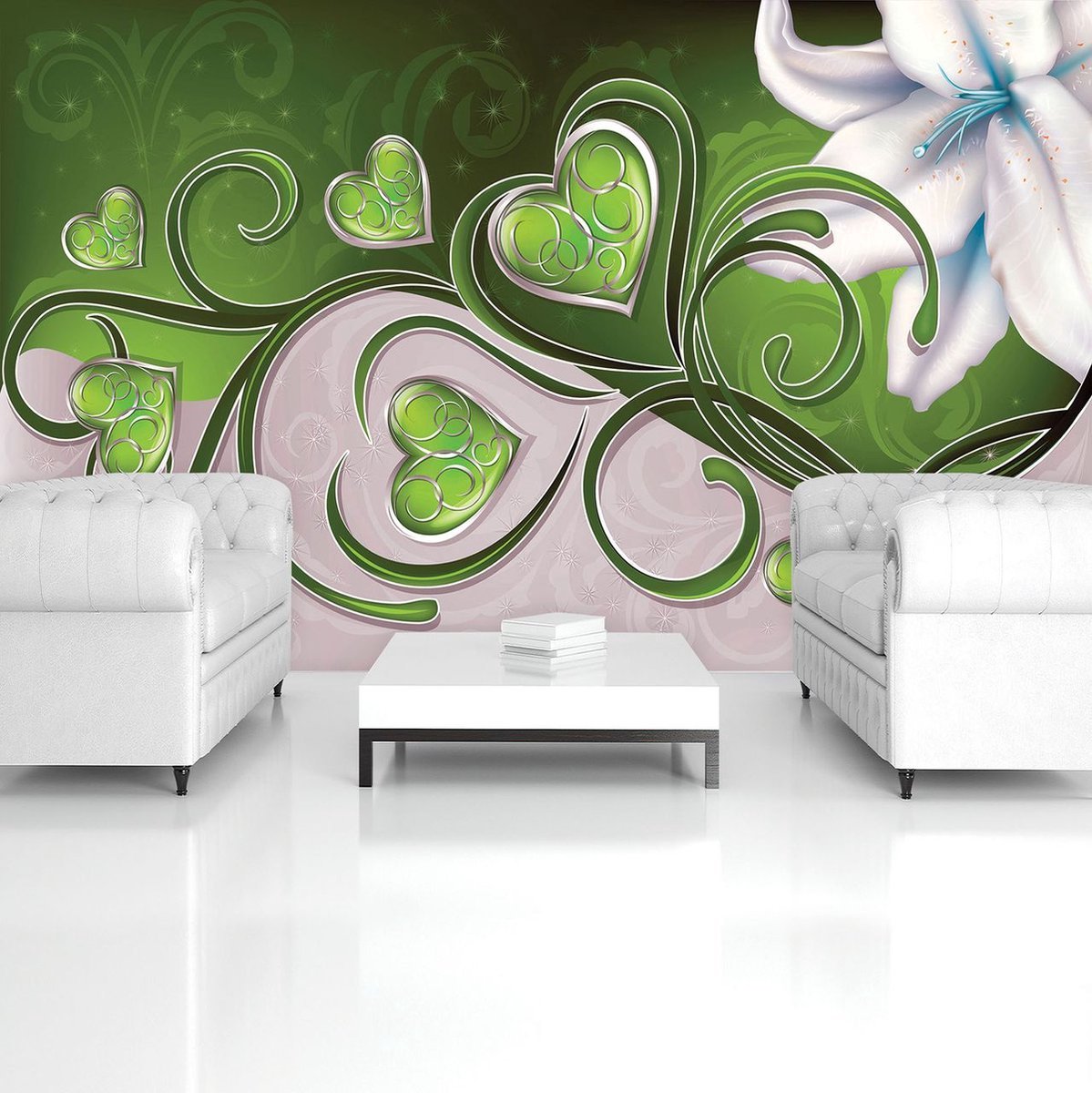 Fotobehang - Vlies Behang - Bloem, Hartjes en Groen Patroon - 368 x 254 ...