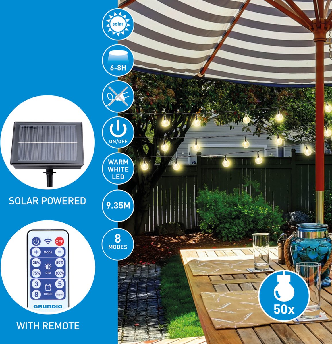 Grundig Lichtsnoer op Zonneenergie - 9 M - 50 Lampjes Lichtsnoer met Zonnepaneel -... | bol