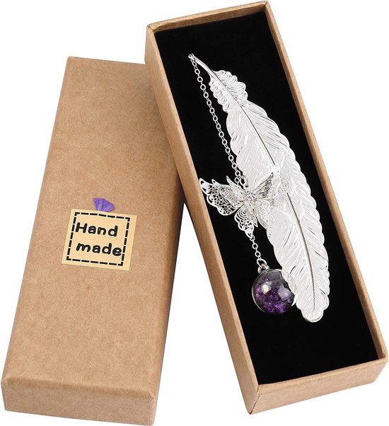 Metalen bladwijzer met veer met vlinder en bloem, voor eeuwige ...