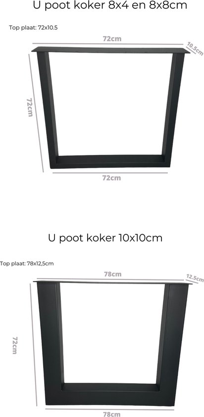 Maison DAM – 2x industriële tafelpoot U met koker 10x10cm, Hoogte 72cm ...