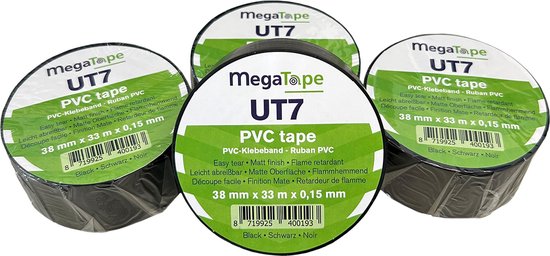 Megatape UT7 PVC tape 38mm x 33mtr. Zwart. + Kortpack pen (021.0729) | bol