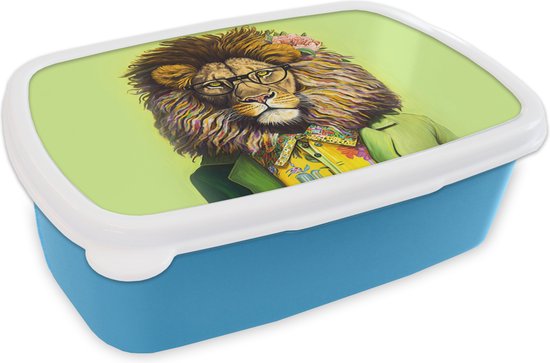 Broodtrommel Blauw - Lunchbox - Brooddoos - Leeuw - Man - Dier - Bril ...
