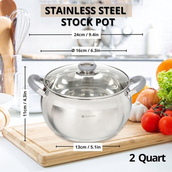 Cooking Pan Stainless Steel 2L Ø 16 cm - Induction Soup Pot with Glass ...