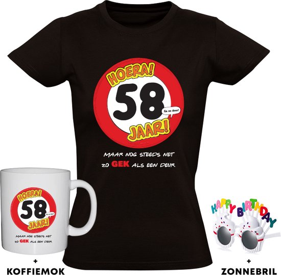 Hoera 58 jaar Dames T-shirt + Koffiemok + Happy birthday bril - 58e ...