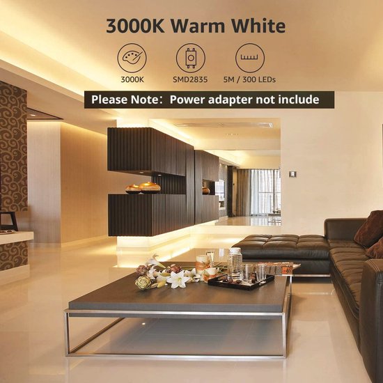 Warm Witte LED Strip voor Binnen en Buiten - Flexibele, Zelfklevende ...