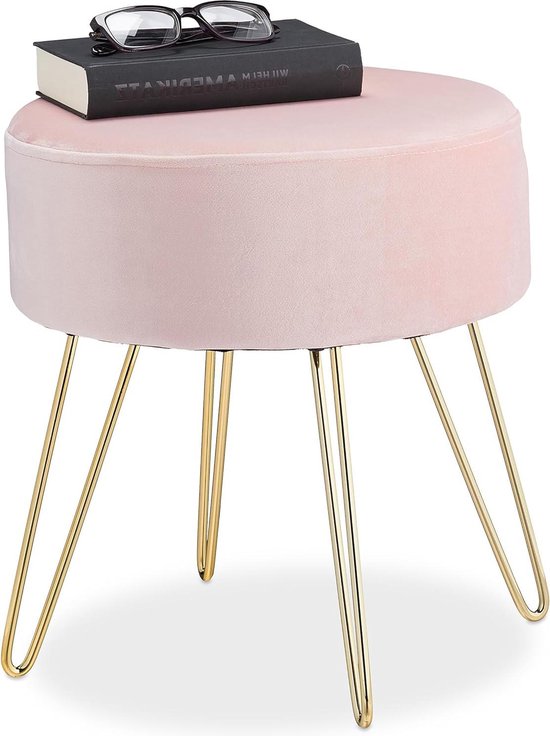 Ronde velvet poef met elegante hocker - Goudekleurige poten - Modern ...