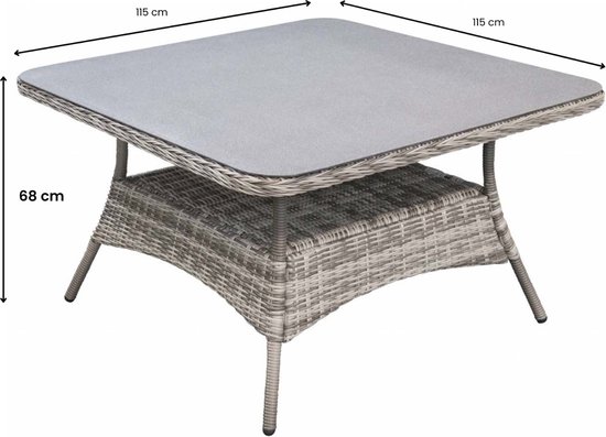 Vierkante tuintafel Dublin 115x115cm | Ash Grey | Keramiek & Wicker | bol