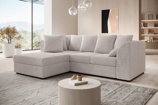 Meubella - Hoekbank Alfort - Beige - Ribstof - Links | bol