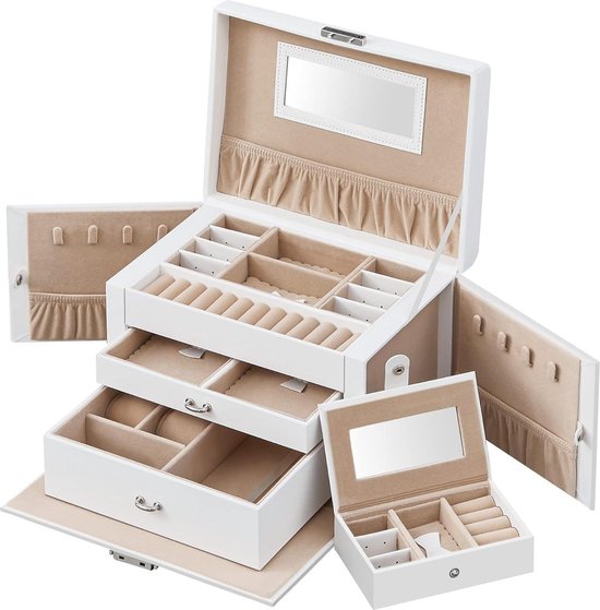 Lockable Jewellery Box with Mirror - 2 Drawers - Removable Travel Box ...