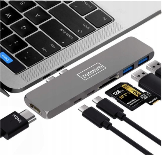 Zenwire Hub 7in1 - Hub USB-C - Adapter HDMI 4K - Thunderbolt 3.0 - 2x USB 3.0 - SD -... | bol