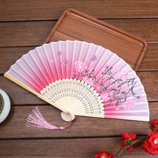 Elegant Pink Butterfly Plum Chinese Handheld Folding Fan - Exquisite ...