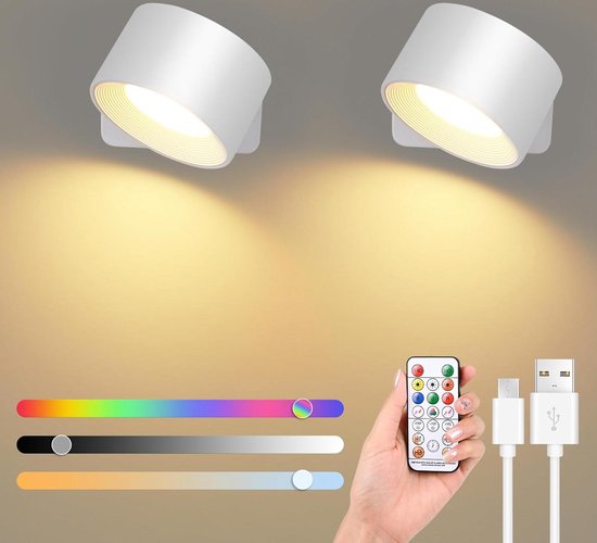 RGB wandlamp voor binnen - 2 stuks led wandlampen met USB-poort en ...