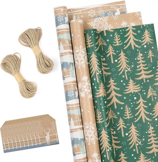 Kerstpapier Rollen met Etiketten en Jute Koord - 3 Rollen van 43 cm x 3 ...