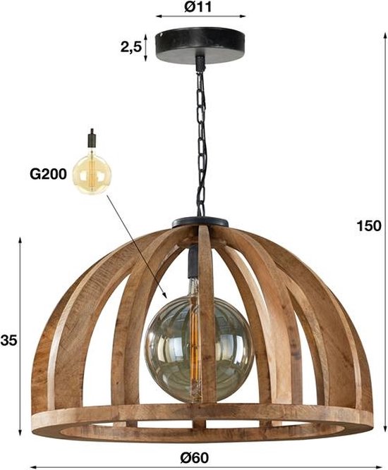 PS-Collection Gebogen Houten Spijlen Hanglamp - Ø60 cm - Naturel Mango ...