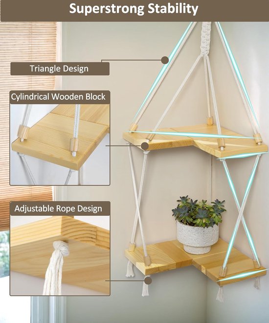 Hoekplank Hangend Hout, Set van 2 L-vormige Wandplanken, Hoek, Macrame ...