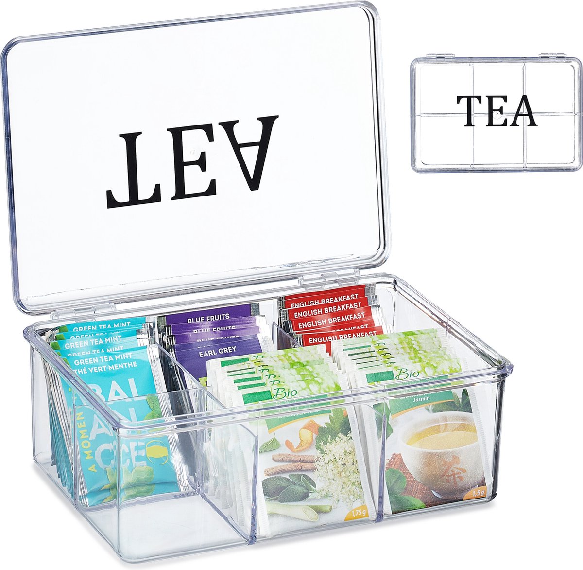 Relaxdays theedoos 6 vaks - kunststof theekist - moderne bewaardoos ...