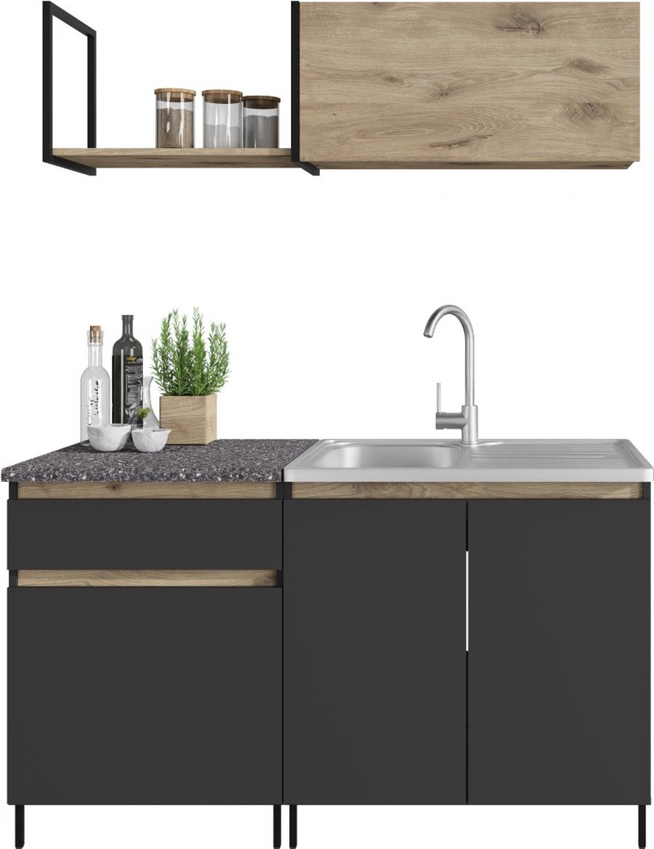 Kleine Keuken 140cm - Antraciet & Eiken - Metaal - Moderne Mini Keuken ...