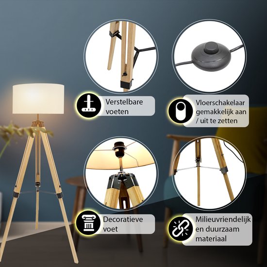 MaxxHome Vloerlamp Elly - Staande lamp - Leeslamp - Driepoot - Hout ...