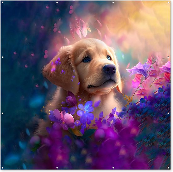 Tuin poster Hond - Puppy - Zon - Bloemen - Golden retriever - 200x200 ...