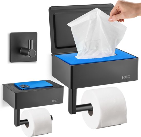 Happy Goods - WC Rolhouder Zonder boren Zwart - Toiletrolhouder met ...