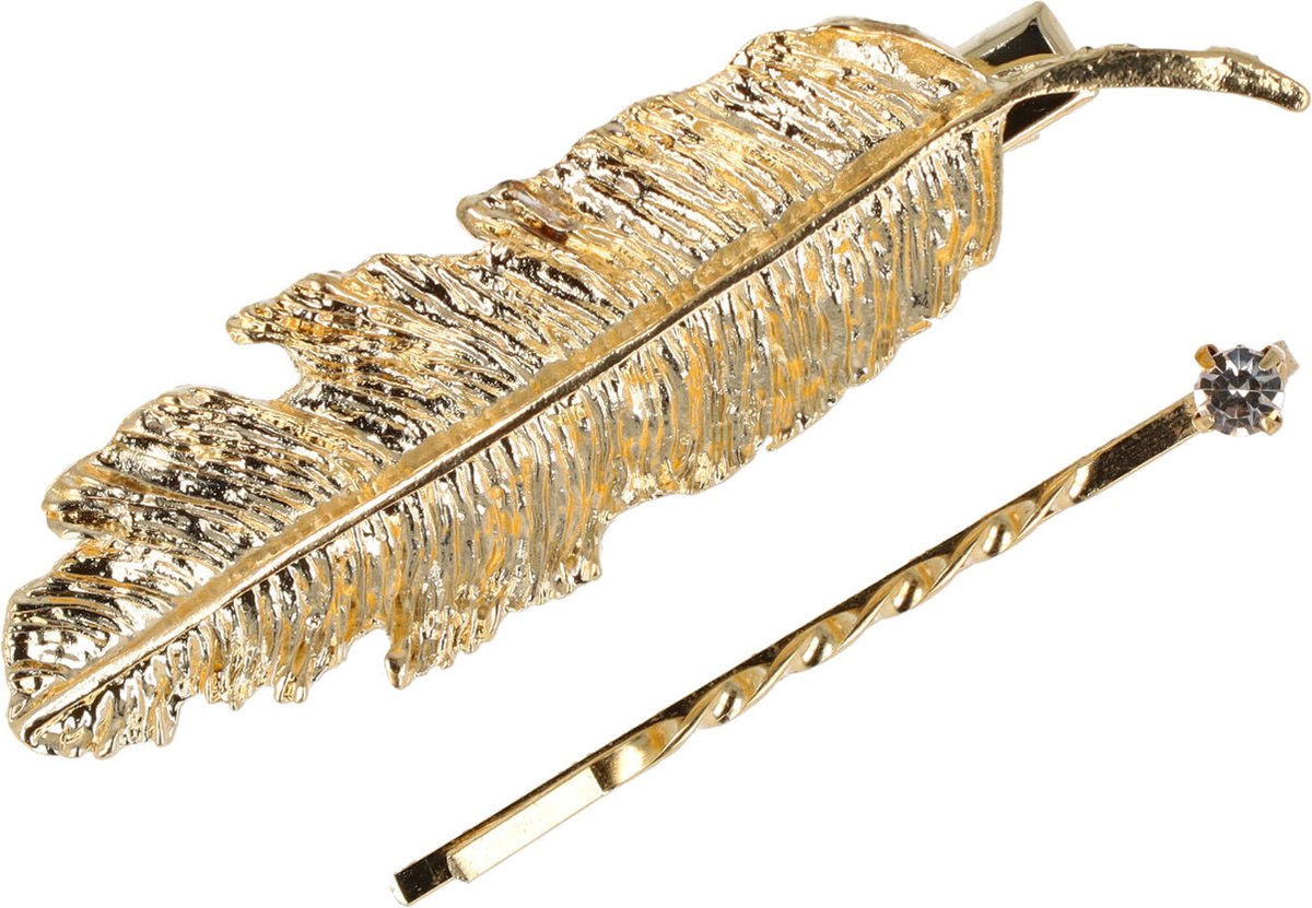 Haarspeld Duckklem + Schuifspeldje Veer Strass Steentje Goud 2 Stuks ...