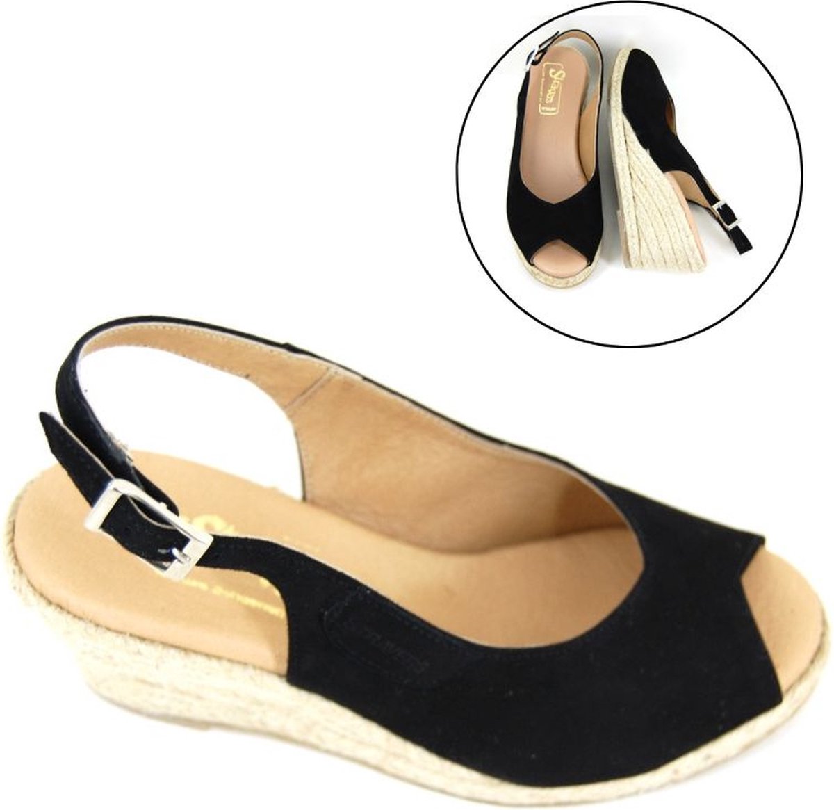 Stravers - Espadrilles Sandalen met Sleehak Maat 42 Zwart Grote Maten ...