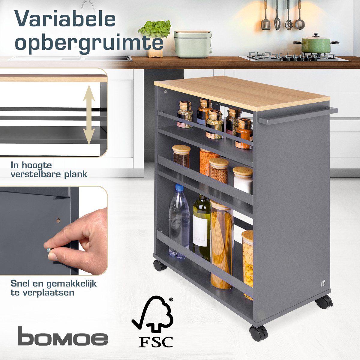 bomoe Bengt – Keukentrolley op Wieltjes 50x79x38 cm – Serveerwagen Hout ...