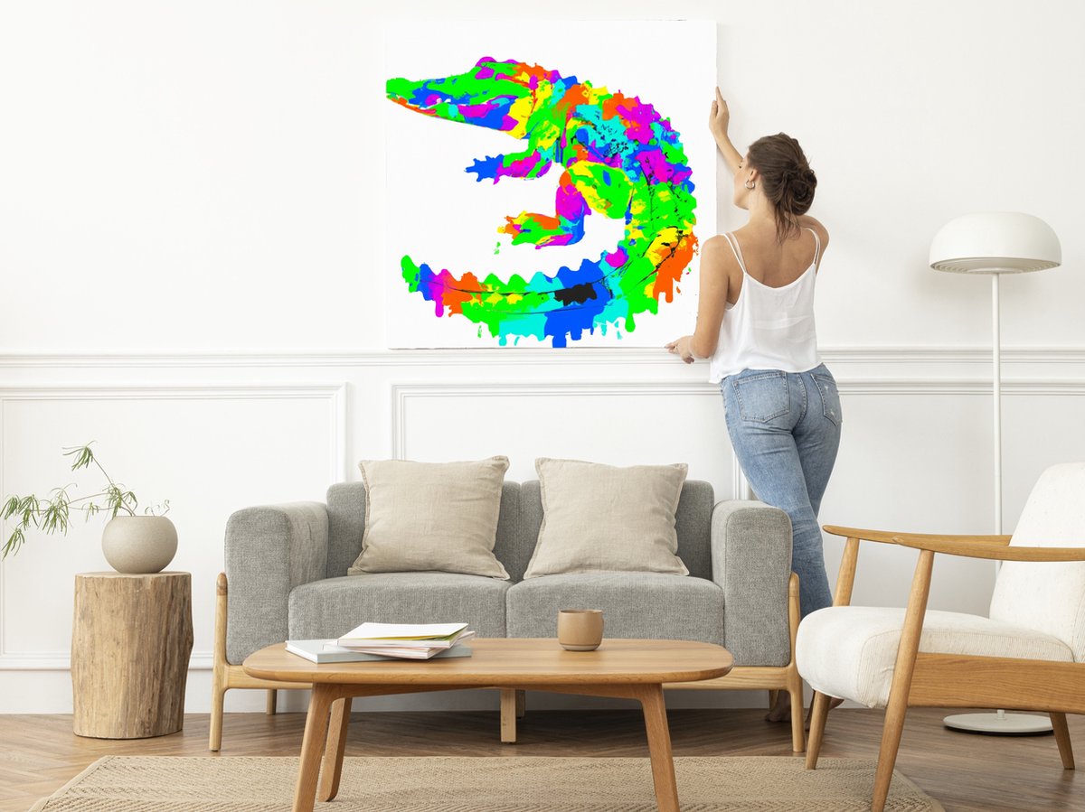 Rainbow Splatter Gator kunst - 80x80 centimeter op Plexiglas | Foto op ...