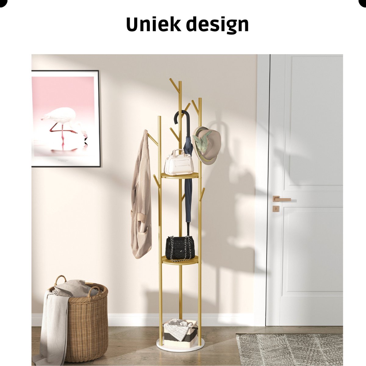 Kapstok Staand - Staande kapstok - Design Kapstok - Goud/Wit - 9 Haken ...