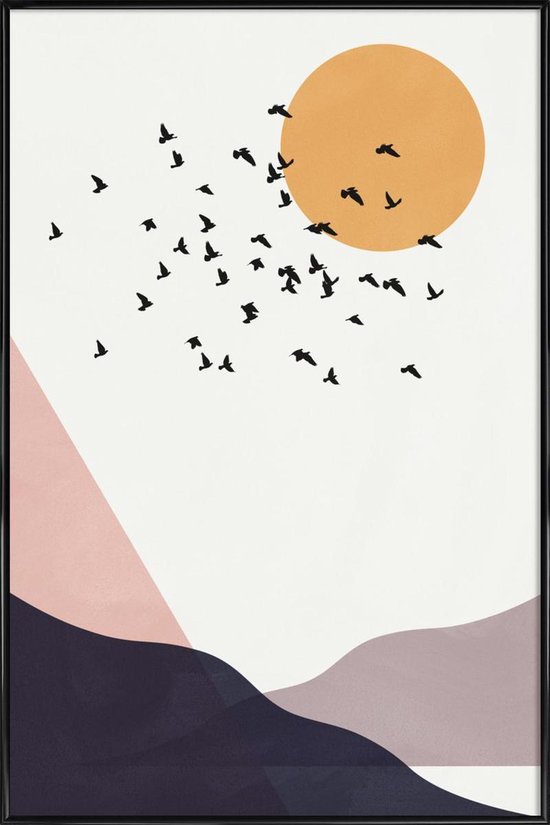 JUNIQE - Poster in kunststof lijst Flock Of Birds III -60x90 /Geel ...