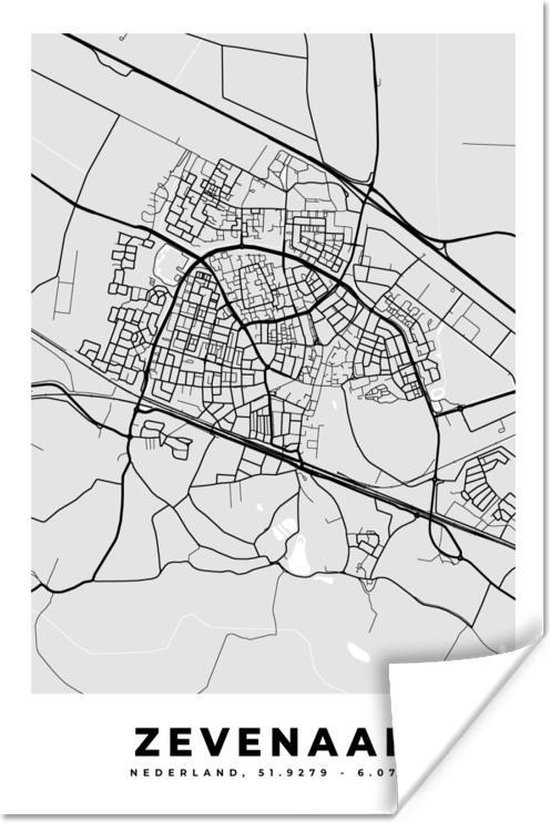 Poster Stadskaart - Zevenaar - Grijs - Wit - 20x30 cm | bol.com