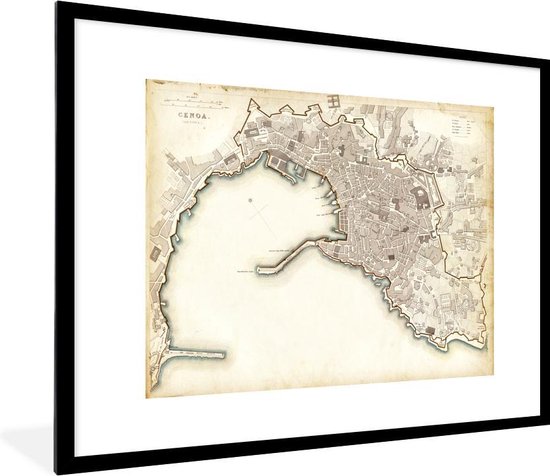 Fotolijst incl. Poster - tekening van de kaart van het Italiaanse Genua ...
