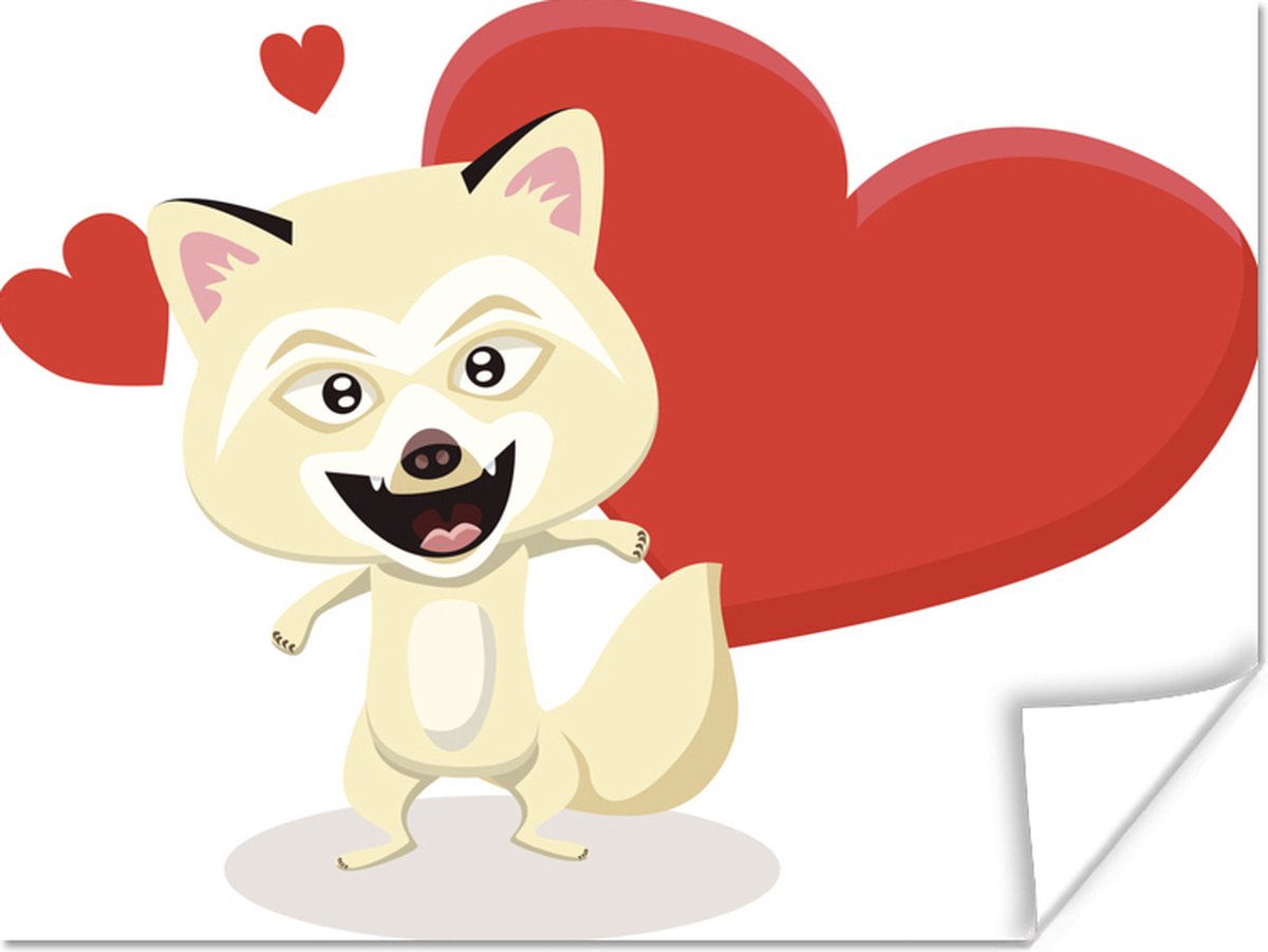 Poster tekening van een witte poolvos met hartjes - 80x60 cm | bol.com