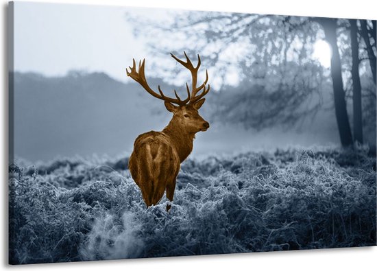 Schilderij Op Canvas - Groot - Hert - Bruin, Blauw, Grijs - 140x90cm ...