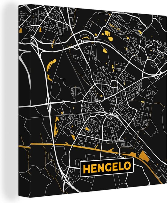 Canvas Schilderij Kaart - Hengelo - Goud - Zwart - 90x90 cm ...