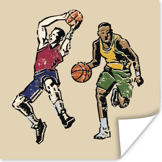 Poster Een illustratie van twee basketballers die druk bezig zijn met ...