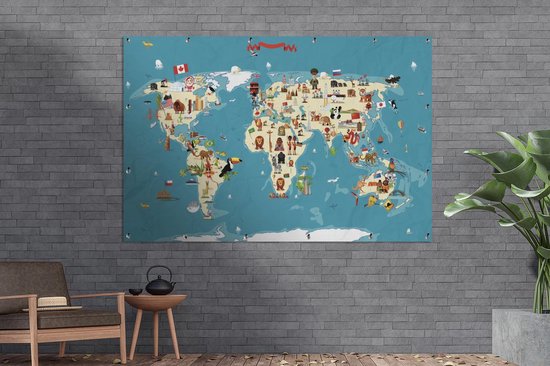 Muurdecoratie Een cartoonillustratie van een kaart van de wereld met ...