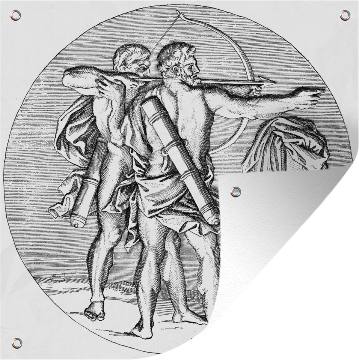 Tuinposters Een illustratie van Cheiron die Herakles boogschieten leert ...