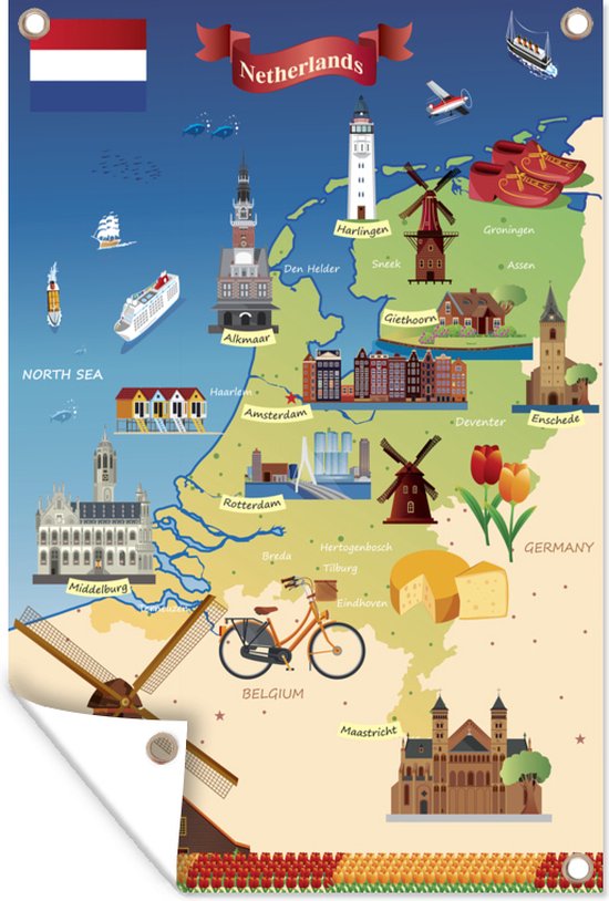 Tuindecoratie Illustratie van Nederland in een cartoon stijl - 40x60 cm ...