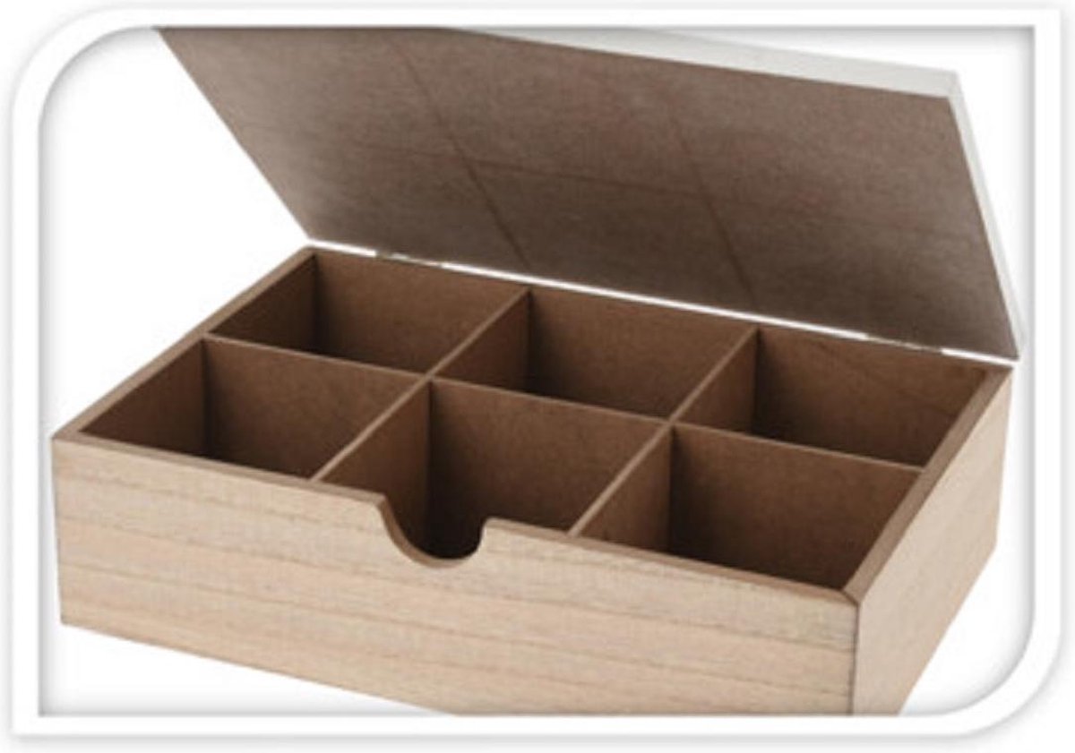 Houten theedoos/theekist met 6 vakken - 24 x 16 x 7 cm - wit / bruin ...