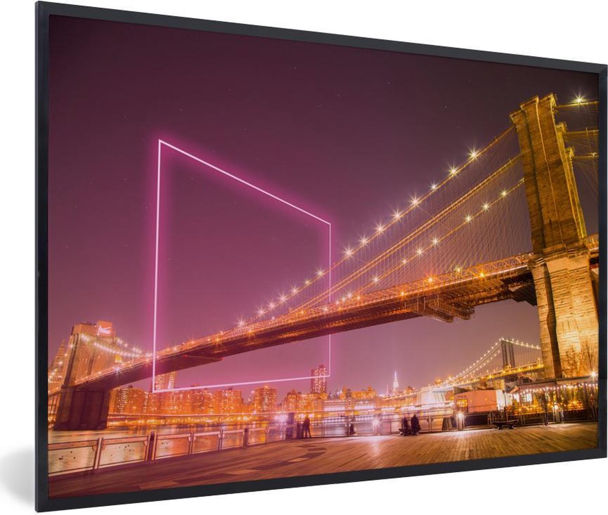 Poster met lijst Neon Natuur - Brug met neon lichten - fotolijst zwart ...