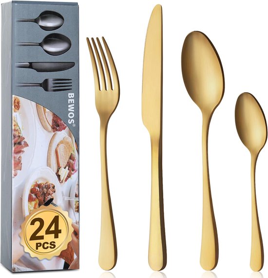 24 stuks bestekset, mat goud, bestekset voor 6 personen, bestek ...