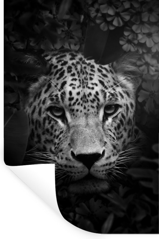 Muurstickers - Sticker Folie - Close-up van een panter met bloemen in de jungle -... | bol