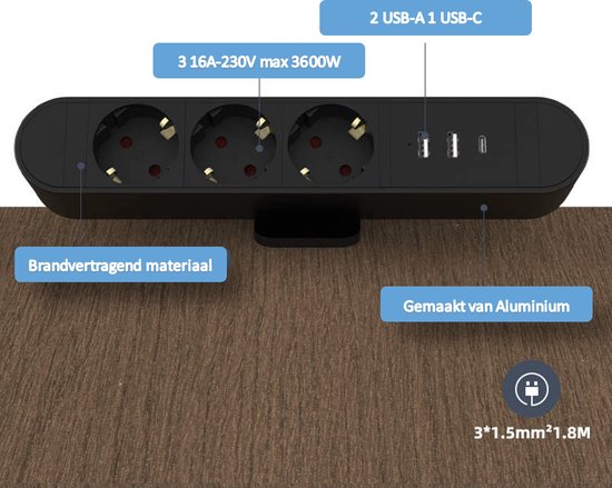 Noble Stekkerdoos met USB C - Moderne Stekkerdoos voor Bureau - 3 ...